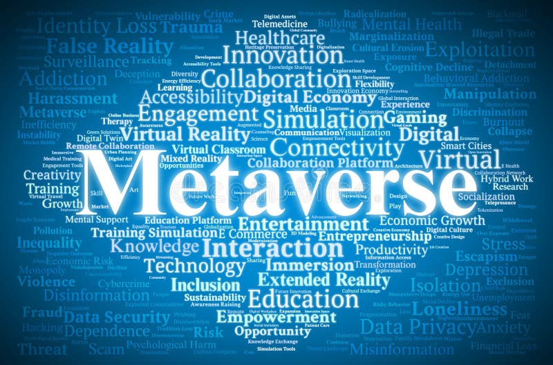 Metaverse Word Cloud. Concepts on Virtual Reality, Innovation, Social Impact, Ethics ...