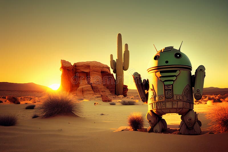 Metellic Robot in the Desert at Sunset. AI Generated Stock Illustration ...