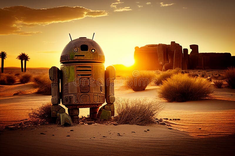 Metellic Robot in the Desert at Sunset. AI Generated Stock Photo ...