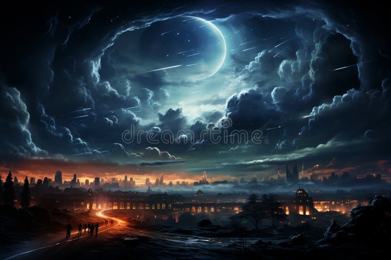 Meteor Falling on Earth in Night Sky, Meteor Shower Stock Illustration ...