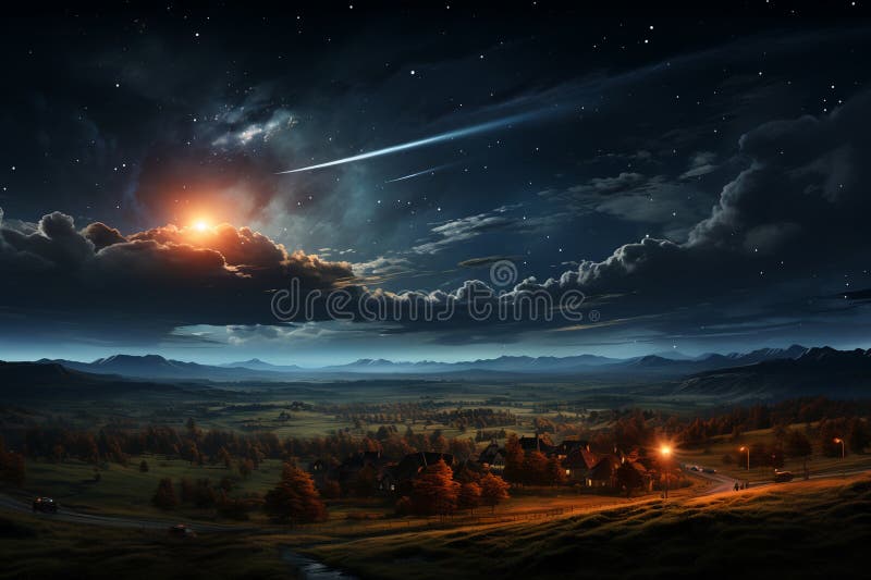 Meteor Falling on Earth in Night Sky, Meteor Shower Stock Illustration ...