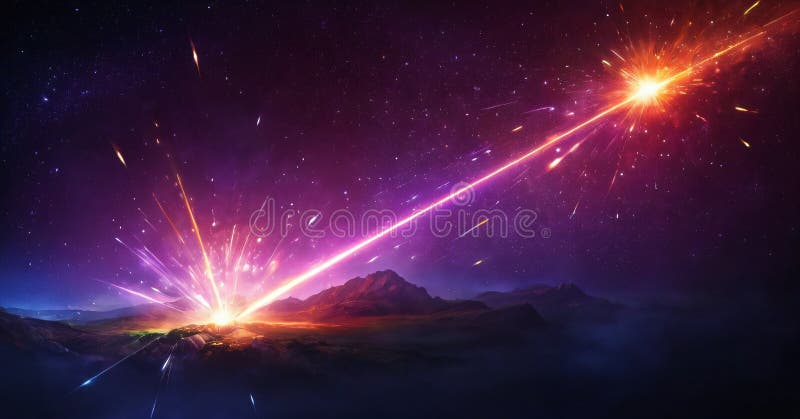 Meteor Rain with Falling Glowing Comets. Abstract Light Digital ...