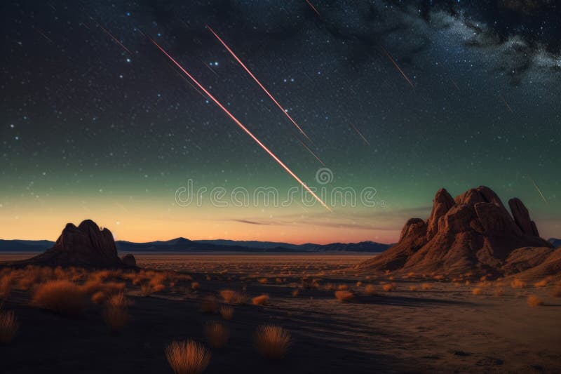 Meteor Shower Illuminating Desert Landscape at Night Stock Illustration ...