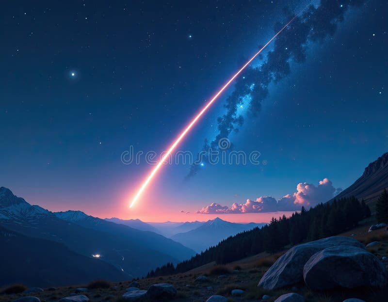 Meteor Shower Over Majestic Mountains at Night Stock Illustration ...
