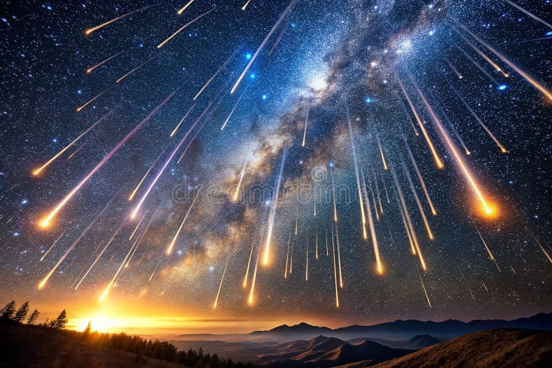 Meteor Shower Over Mountains at Dawn with Milky Way Stock Illustration ...