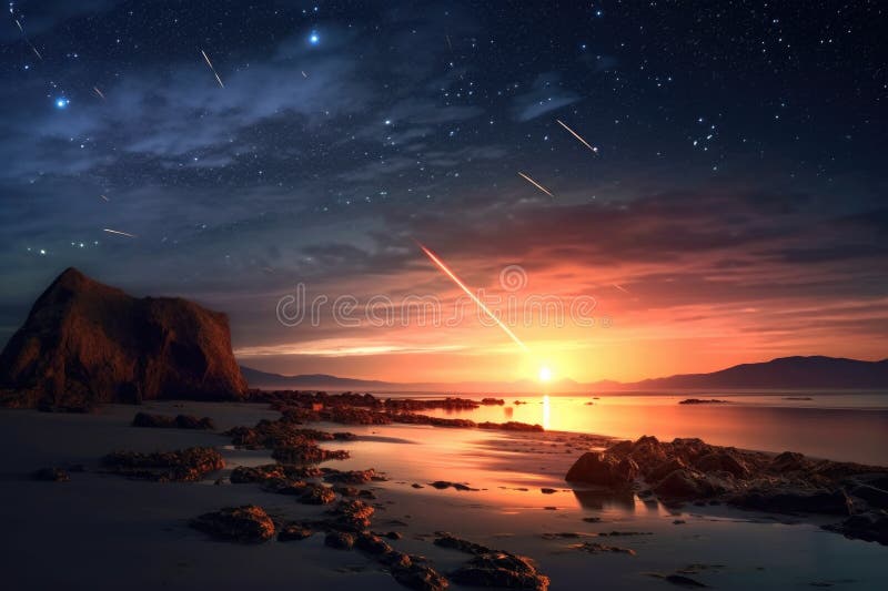 Meteor Shower Over a Peaceful Beach at Night Stock Illustration ...