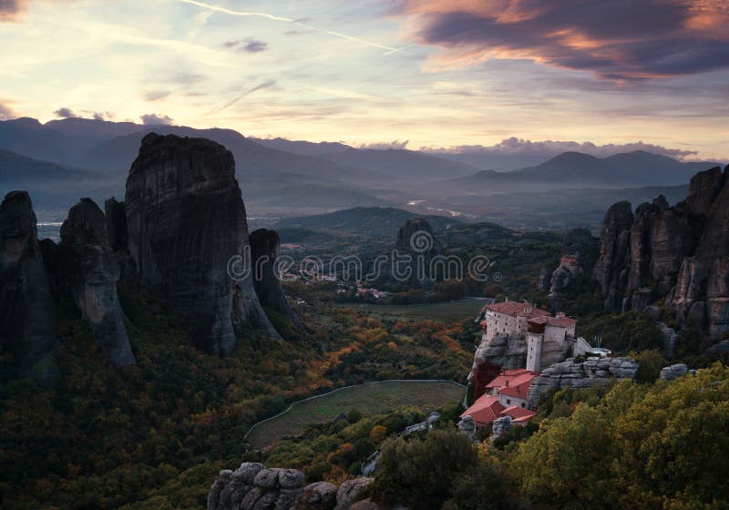 Sunset Sky and Monasteries of Meteora Stock Image - Image of tourists ...
