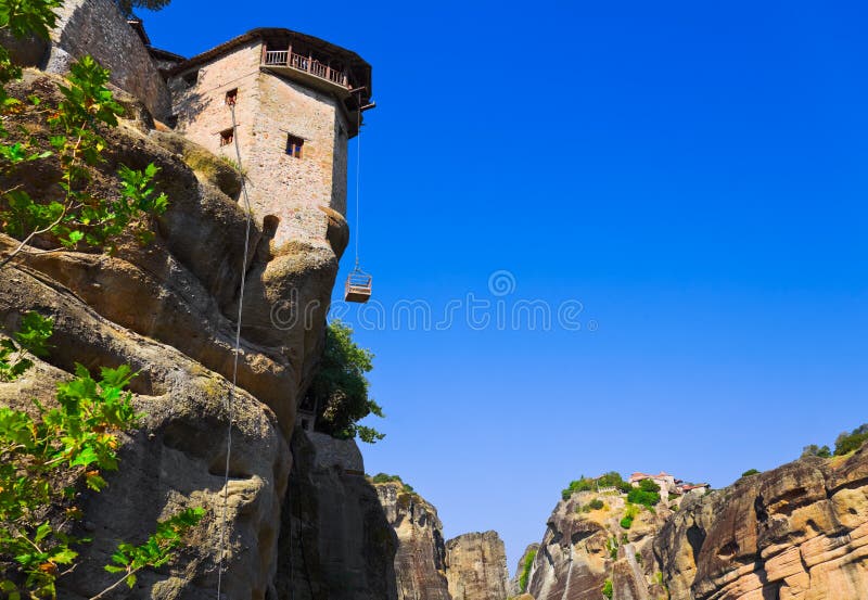 Meteora Monastery and Lift Cage in Greece Stock Photo - Image of ...