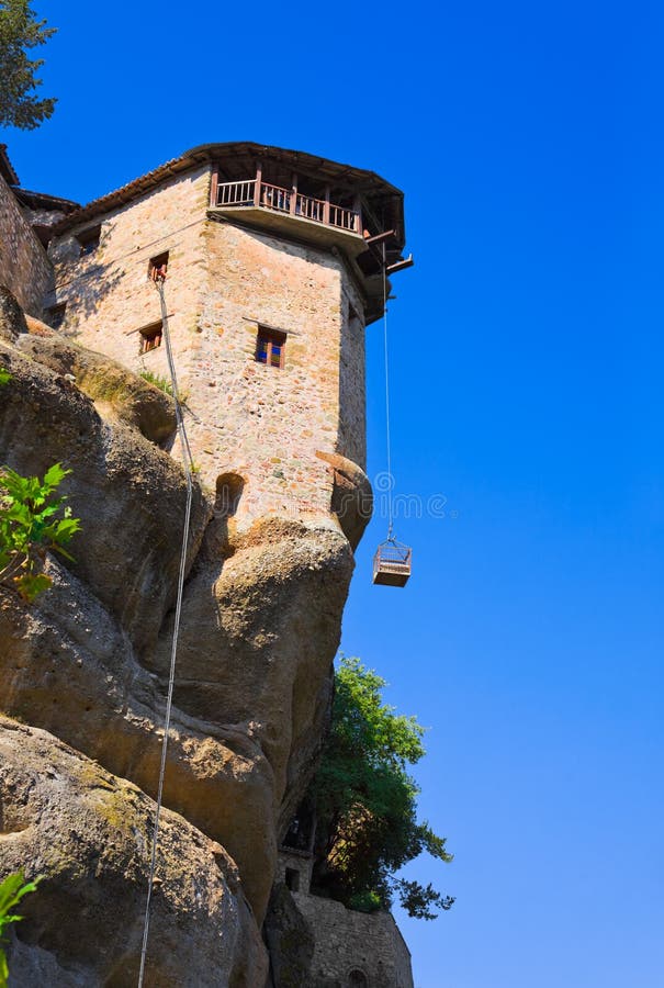 Meteora Monastery and Lift Cage in Greece Stock Photo - Image of ...