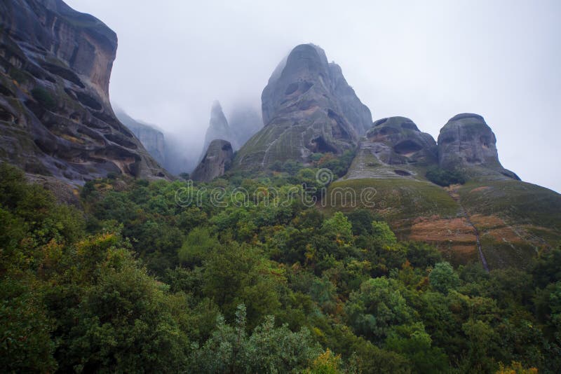 Meteora Rocks in Greece in the Fog Stock Photo - Image of rock, stone ...