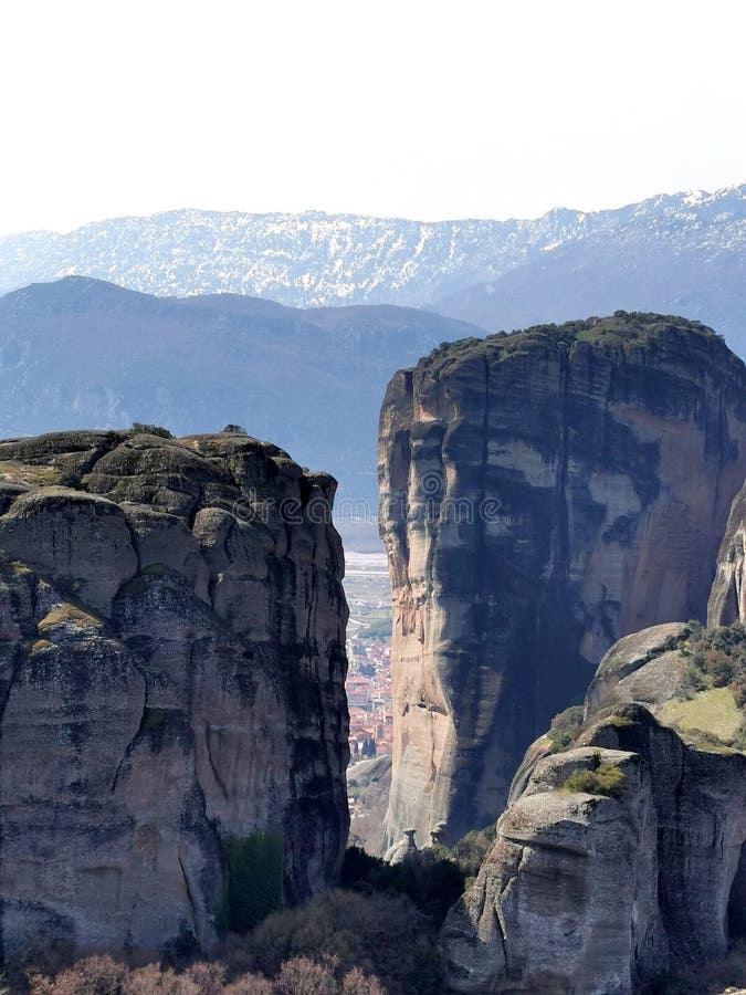 Meteora view from above stock photo. Image of mountain - 266141478
