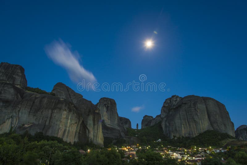 Meteora Village at Night, Greece Stock Photo - Image of kalambaka ...