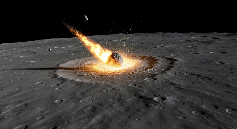 Meteorite Crash on a Cratered Lunar-like Surface. a Fiery Projectile ...