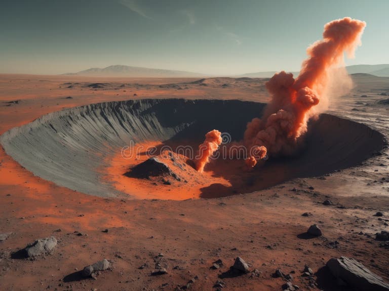 Meteorite Crater Impacting Mars Surface Creating a Large Crater and ...