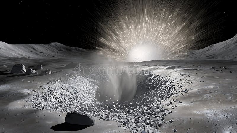 Meteorite Impact Crater on Lunar Surface, Bright Explosion Stock ...