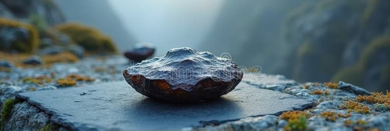 Meteorite on Rocky Surface in Misty Mountain Landscape Stock Image ...