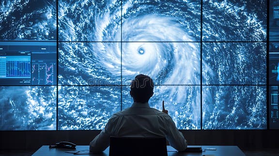 Meteorologist Analyzing Hurricane Data on Large Screen Display Stock ...