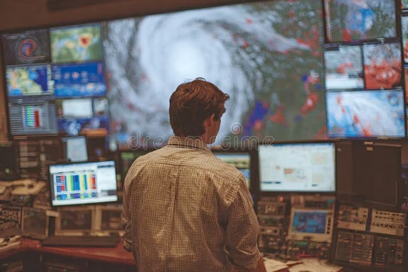 Meteorologist Analyzing Weather Data on Multiple Computer Screens Stock ...