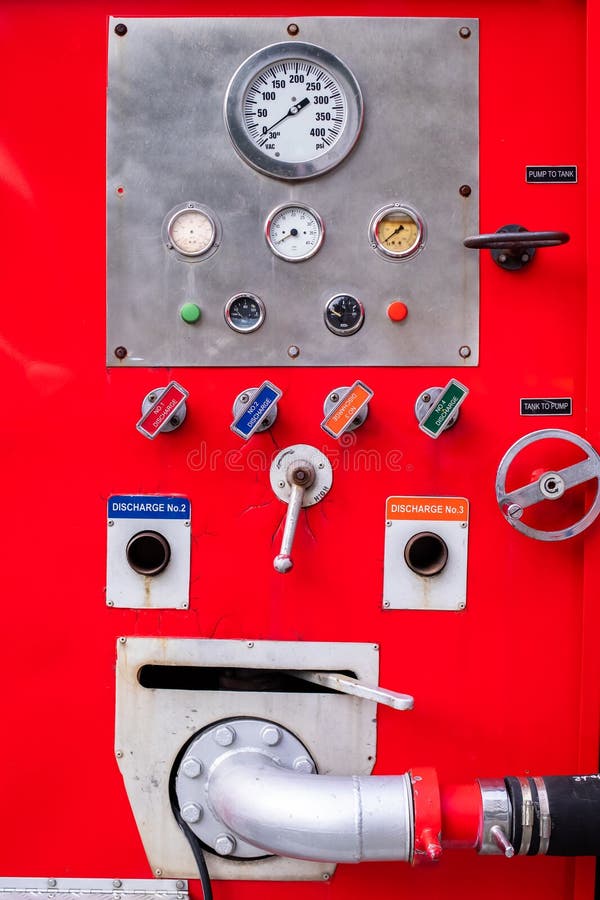 Meter and Control Switch are Fire Equipment on a Red Fire Truck Stock ...