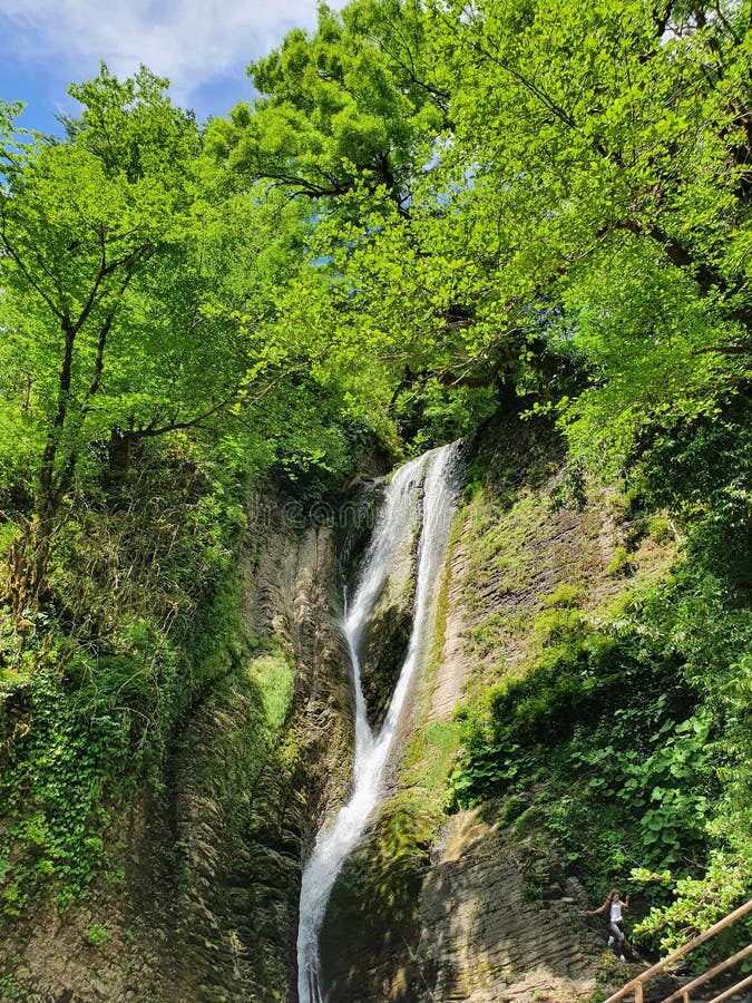 150 Meter Waterfall Viewed from Above by Drone with Clear Water and ...