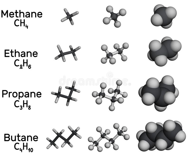 Methane, Ethane, Propane, Butane Alkane Molecule. Various 3D Molecular ...