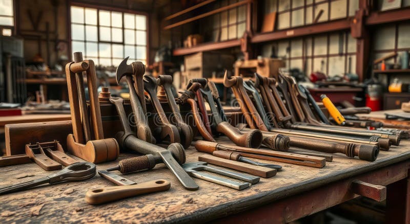 A Meticulously Arranged Collection of Vintage Tools on a Dusty Surface ...