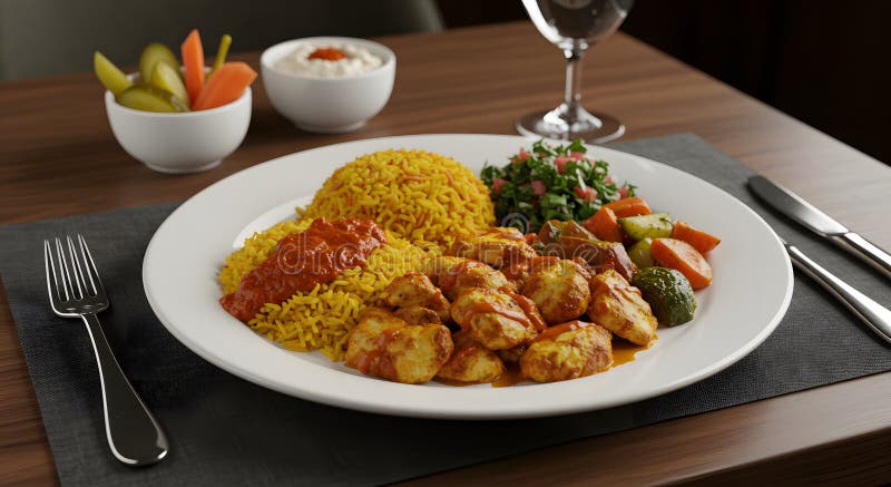 Delicious Meal Presentation: Rice, Chicken, and Vegetables on a Plate ...