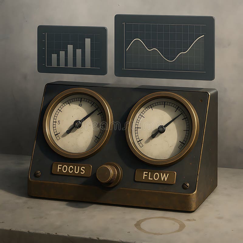 Steampunk Control Panel with Focus and Flow Gauges and Data Charts ...