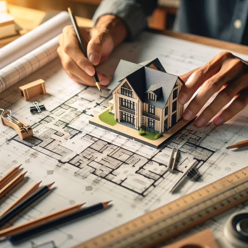 A Meticulously Crafted Model House Rests on Architectural Blueprints ...