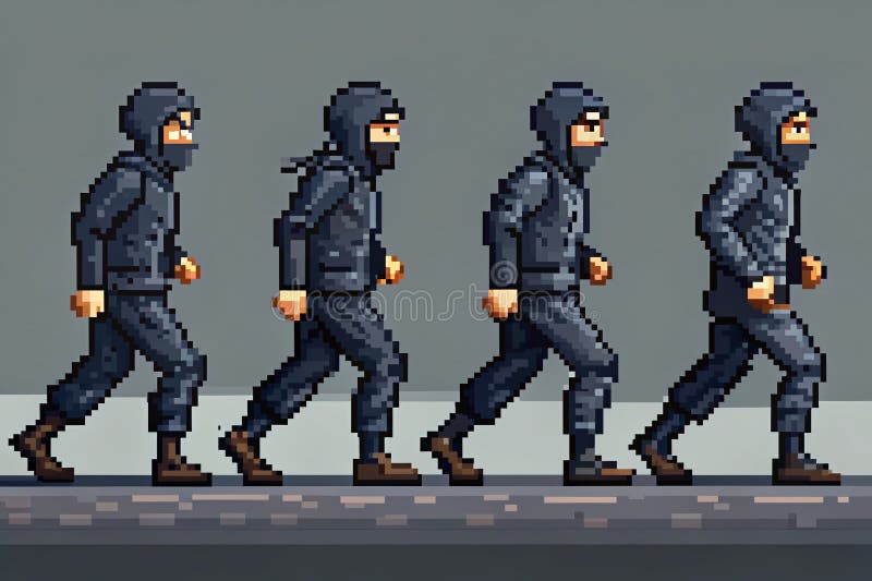 Black Pixel Art Bandit Sprite Sheet for Game Development 4Frame Walking ...