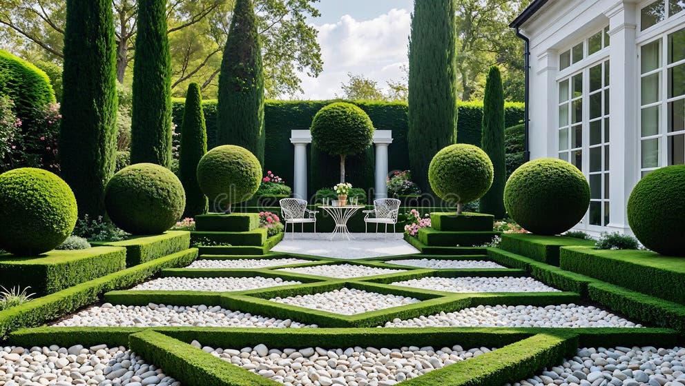 Meticulously Designed Formal Garden with Symmetrical Pebble Path Stock ...