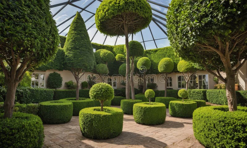 Meticulously Designed Garden Features Variety Topiary Trees and Shrubs ...