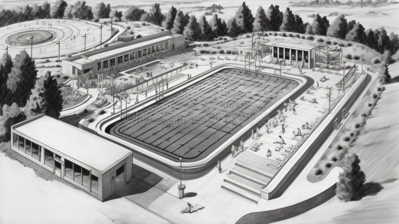 Meticulously Detailed Black White Architectural Drawing an Olympicsized ...