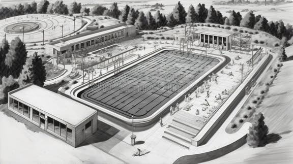 Meticulously Detailed Black White Architectural Drawing an Olympicsized ...