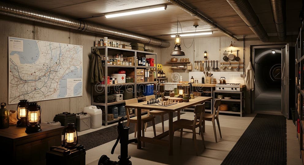 Underground Bunker Kitchen and Dining Area Stock Illustration ...