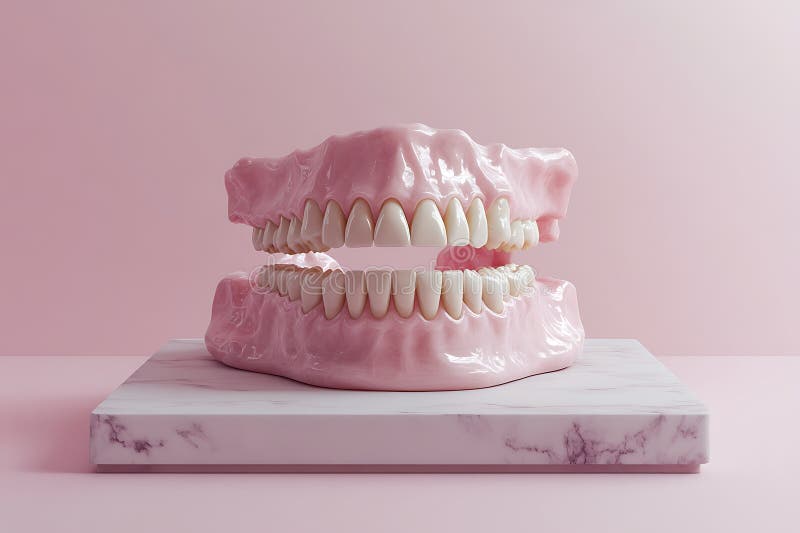 Pink Denture Model on Marble Display 3D Render of Full Teeth Set Stock ...