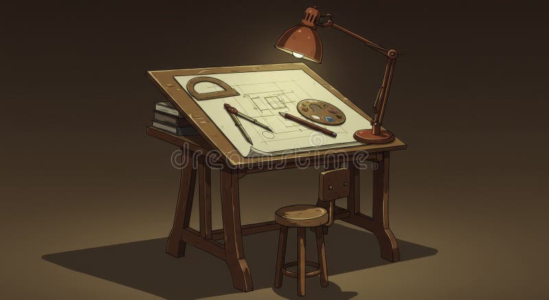 Architect S Drafting Table with Blueprint and Instruments Stock ...