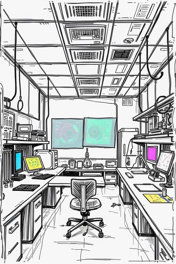 A Meticulously Detailed Line Drawing of a Technical Workspace with ...