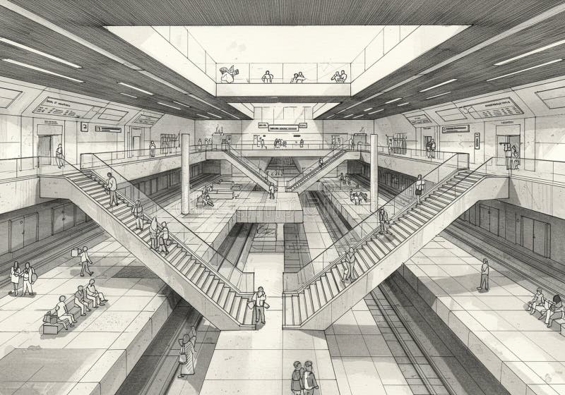 A Meticulously Drawn Subway Station Features Multiple Levels with ...