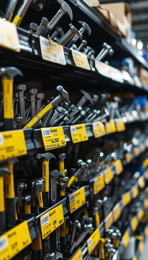 Organized Hardware Store Aisle Featuring Various Labeled Hammers for ...