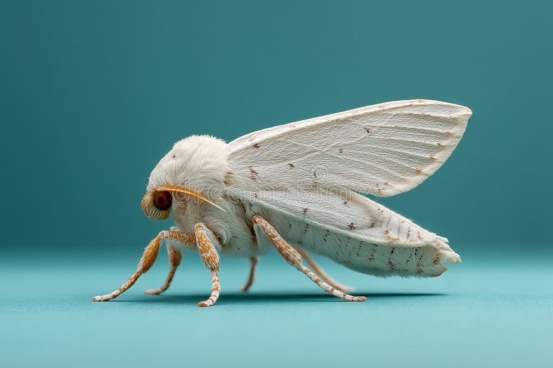 Highly Detailed Close-up of a White Moth with Textured Wings on a Teal ...