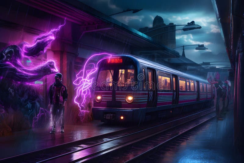 Metro Future Neon in Synthwave Style. Neural Network AI Generated Stock ...