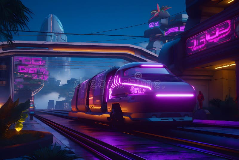 Metro Future Neon in Synthwave Style. Neural Network AI Generated Stock ...