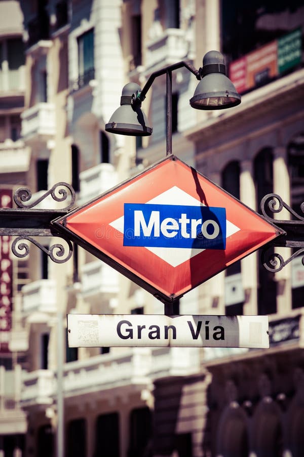 Metro Sign Gran Via on Blurred City, Madrid Editorial Photography ...