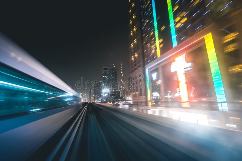 Metro with Skyline at Night Dubai - UAE Stock Image - Image of exposure ...