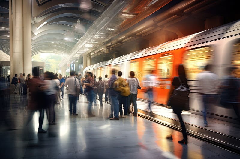 Metro Station with Blurred Traffic and Crowd. Generative AI. Stock ...