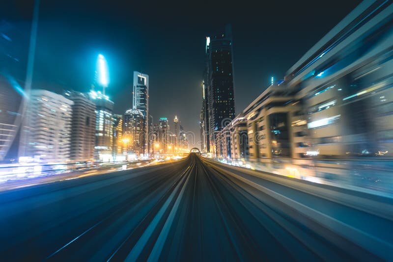 Metro Track with Skyline at Night Dubai - UAE Stock Image - Image of ...