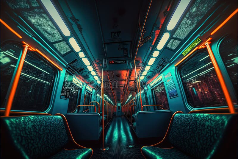 Metro Train Interior with Neon Lights, Generative Ai Stock Illustration ...