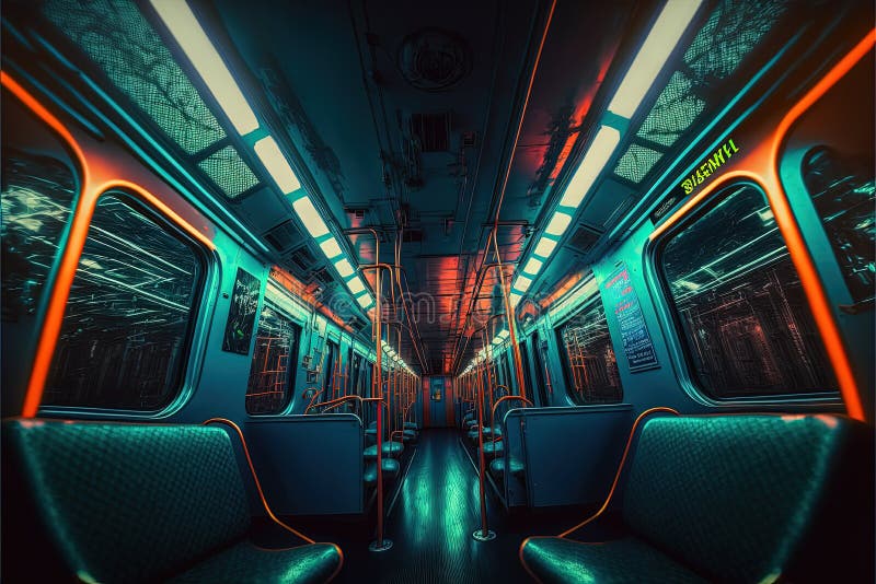 Metro Train Interior with Neon Lights, Generative Ai Stock Illustration ...
