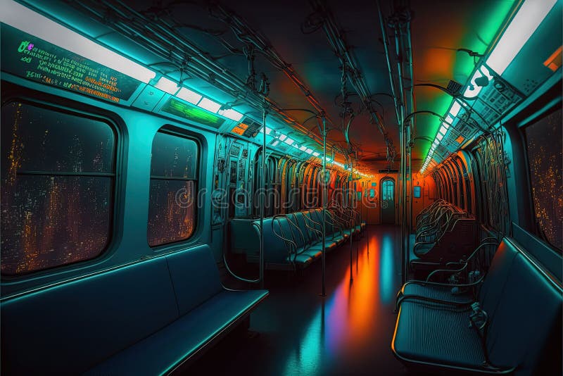 Metro Train Interior with Neon Lights, Generative Ai Stock Illustration ...